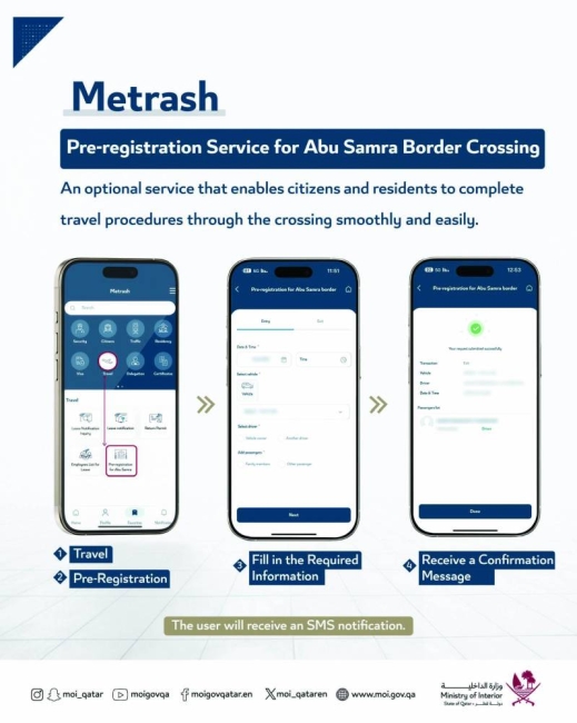 Abu Samra crossing: registration service available on Metrash - Gulf Times